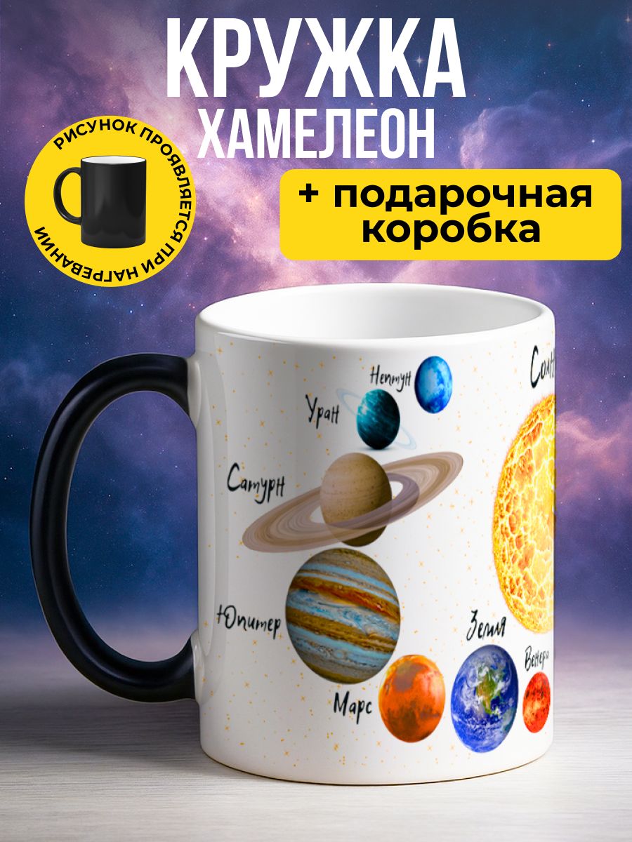 Кружка хамелеон с планетами солнечной системы. Чашка керамическая для чая и кофе.