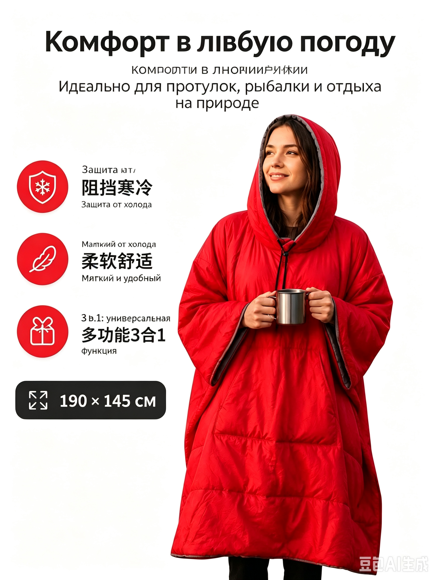 Водонепроницаемый теплый портативный спальный мешок-плащ（красный）