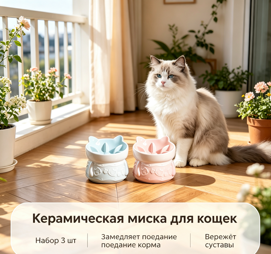 Керамическая миска‑замедлитель для кошек с ушками, высокая миска для защиты шеи, против переедания, легко моется