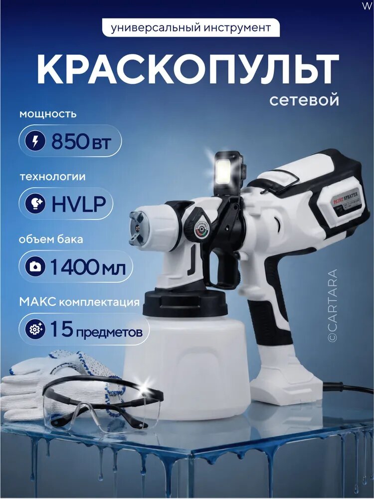 Краскопульт электрический сетевой с фонариком HVLP 1400 мл 850 Вт