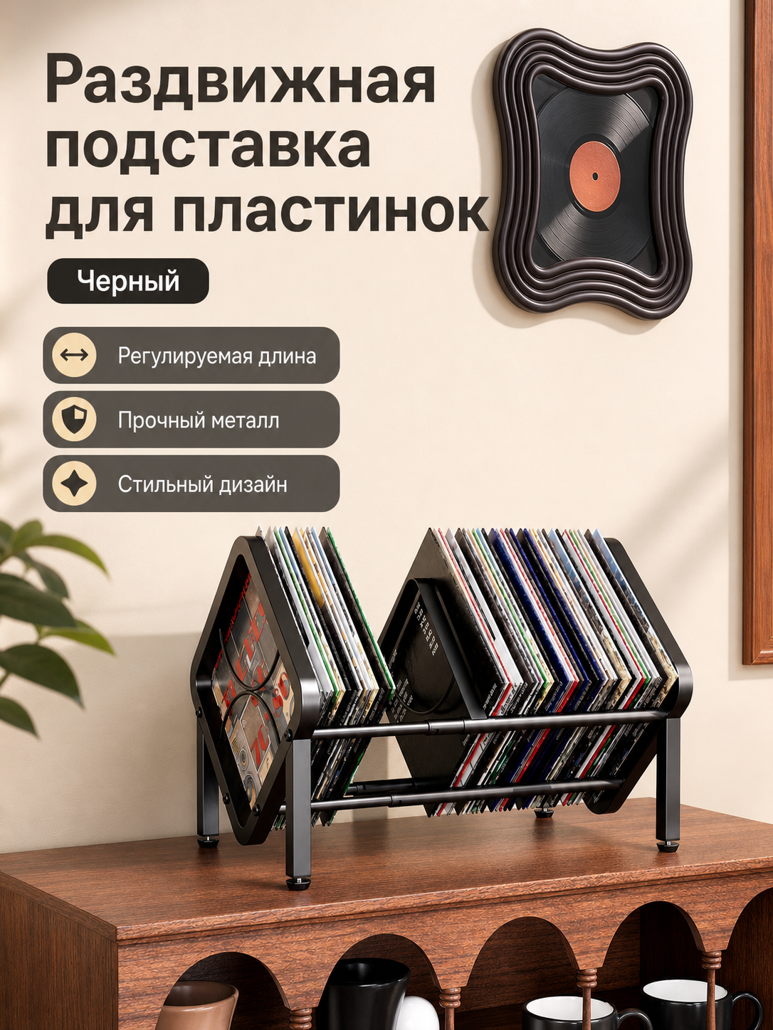 Раздвижная металлическая подставка для виниловых пластинок, настольный органайзер для хранения пластинок и дисков