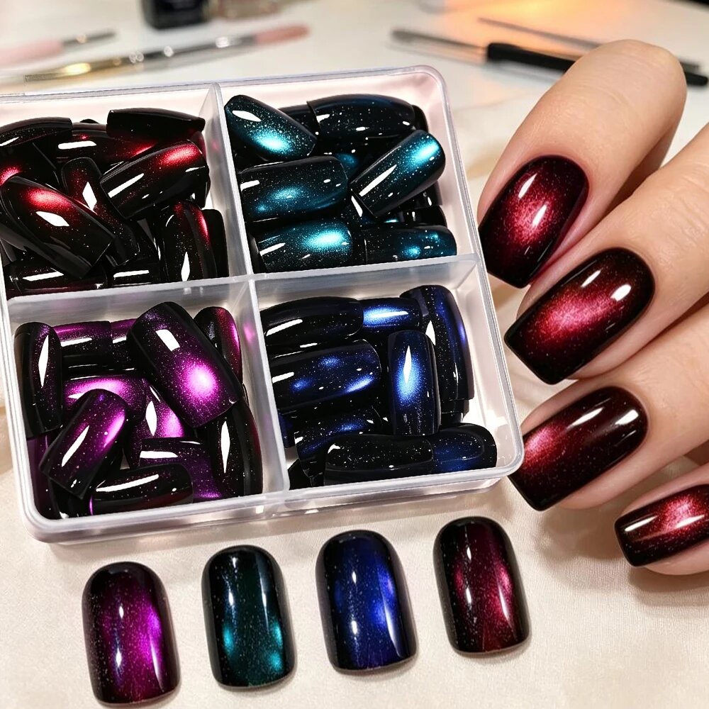 Акриловые накладные ногти Y2K короткие квадратные "Кошачий глаз" 4 цвета cat eye 96pcs