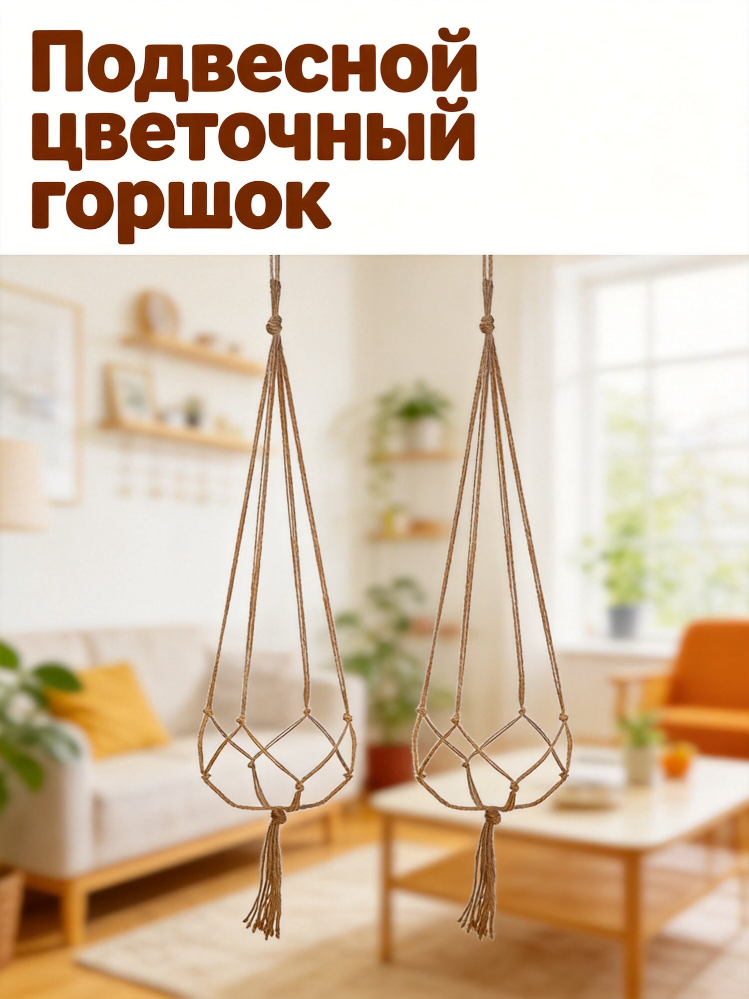 Держатель Для Цветов Из Джута 2Шт 105Cm Для Внутреннего И Наружного Использования Подходит Для Горшков Диаметром 10-28Cm