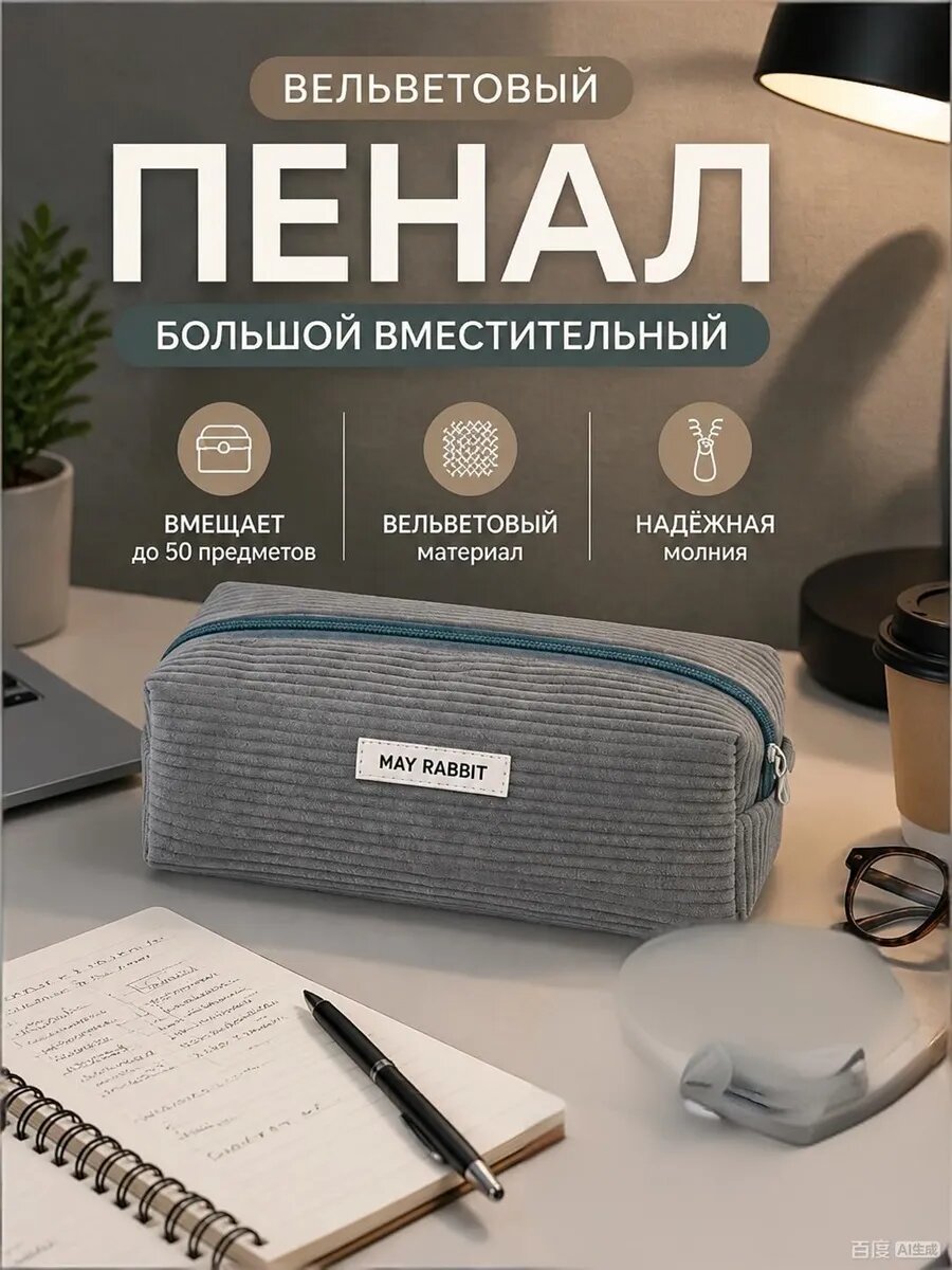 Пенал с отсеками вельветовый с горошком бежевый