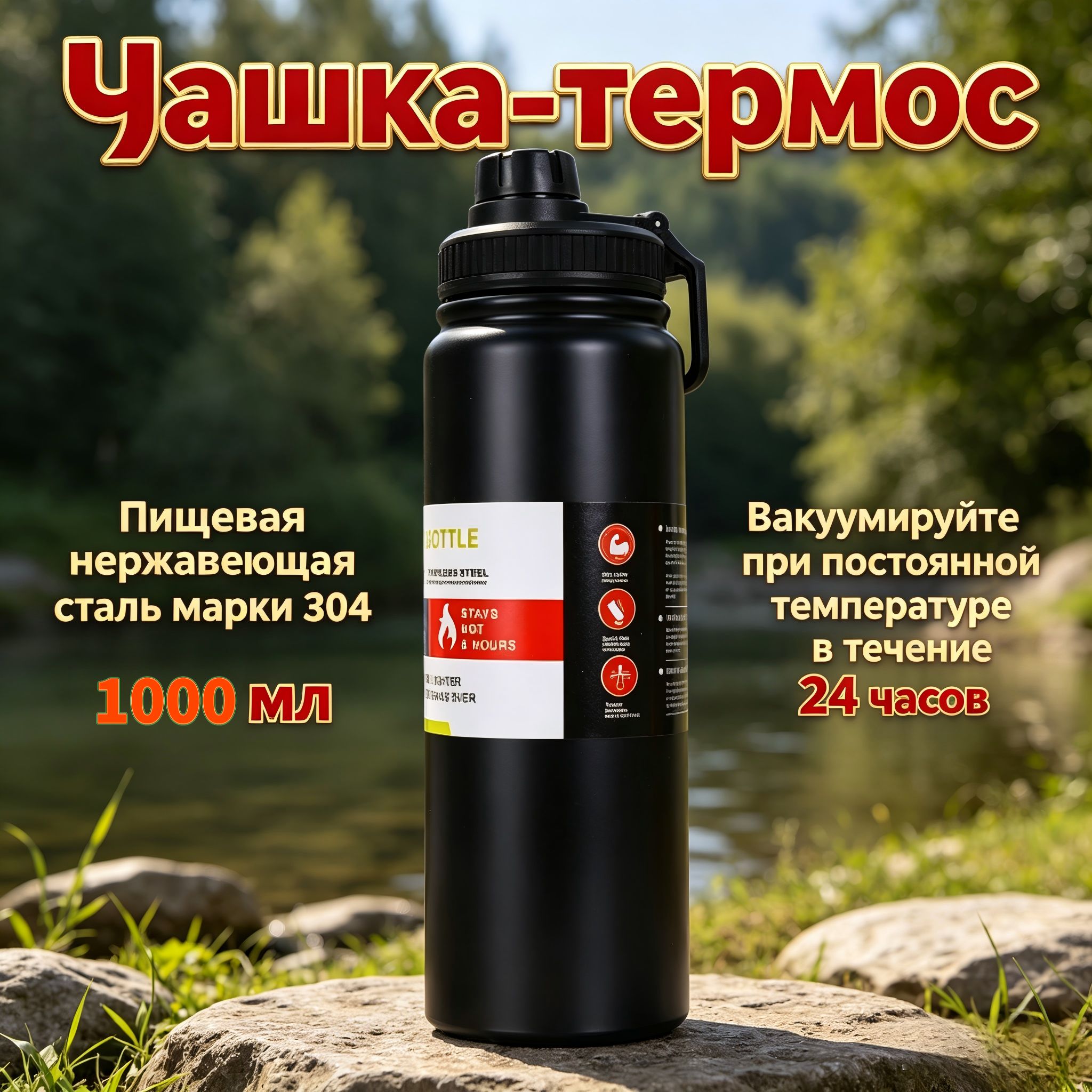 Термобутылка 1000 мл, нержавеющая сталь 304, термос для воды, сохраняет температуру 24 часа, для похода, спорта,