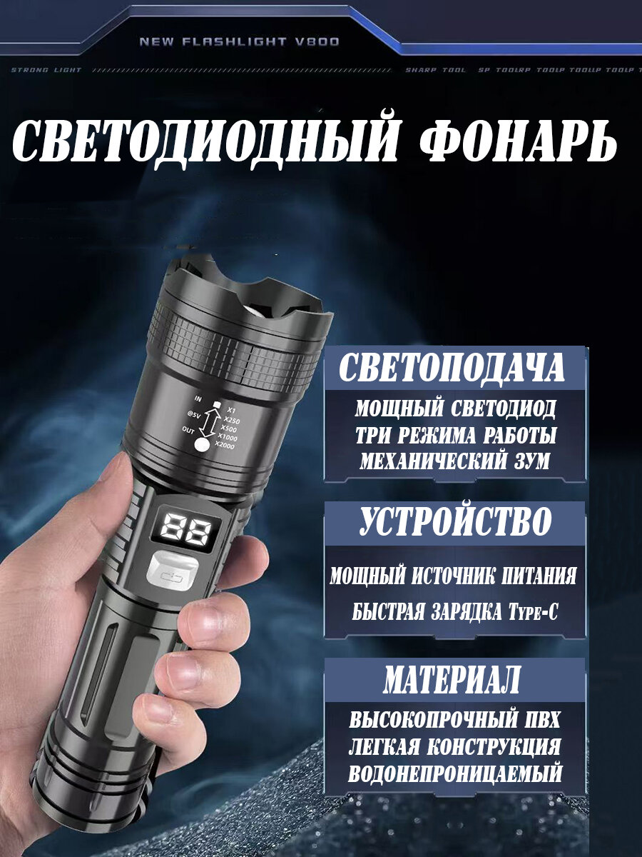 Фонарик ручной, телескопический ZOOM, 3 режима, IP65/IP68, 1200 mAh, чёрный, матовый