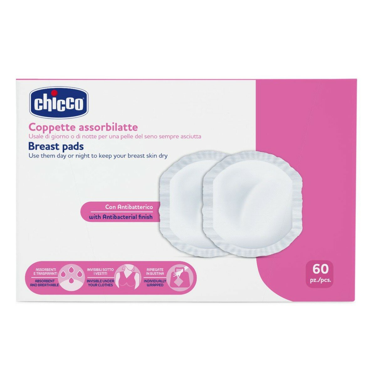 Chicco, Вкладыши для груди одноразовые антибактериальные, 60 шт.
