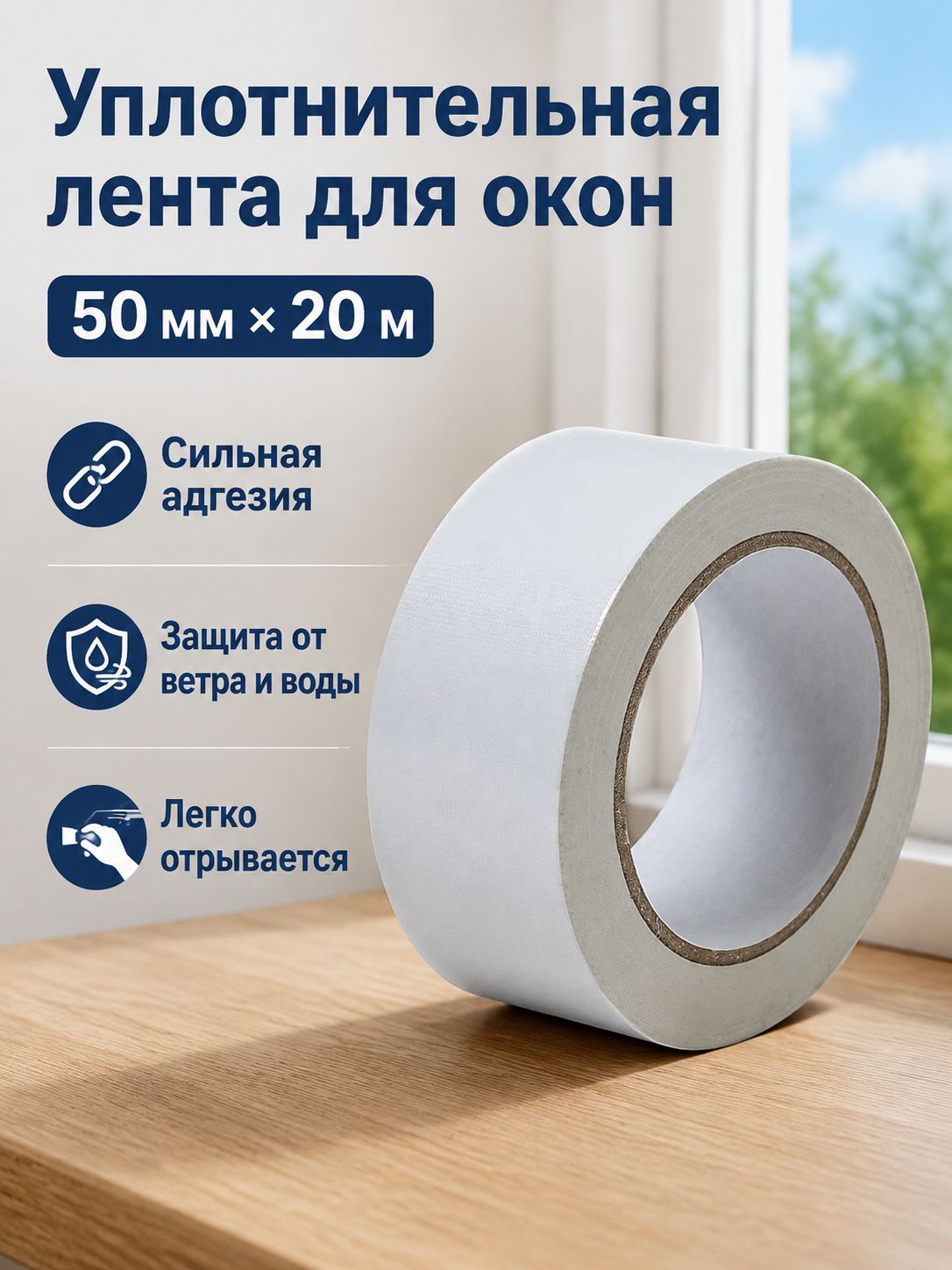 Уплотнительная лента для окон, 50 мм 20 м, белая, тканевая основа, водонепроницаемая и ветрозащитная