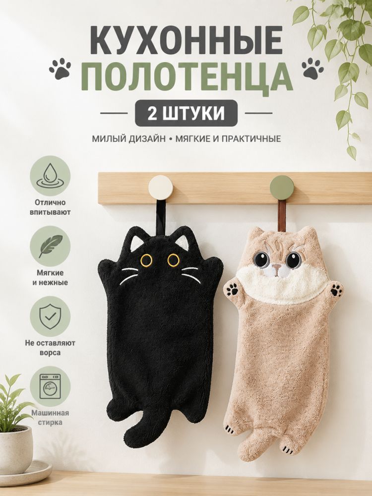Полотенце кухонное 19x29 2 шт махровая фактура велюр искусственный черный, светло-коричневый