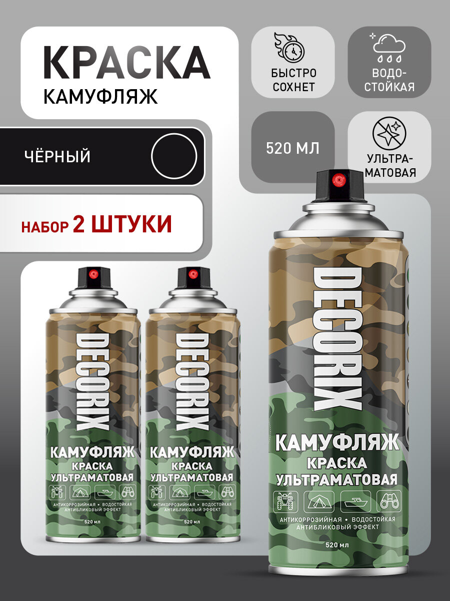 Краска черная камуфляжная аэрозольная матовая DECORIX - светопоглощающая краска Черный камуфляж в баллончике 520 мл - комплект 2 шт