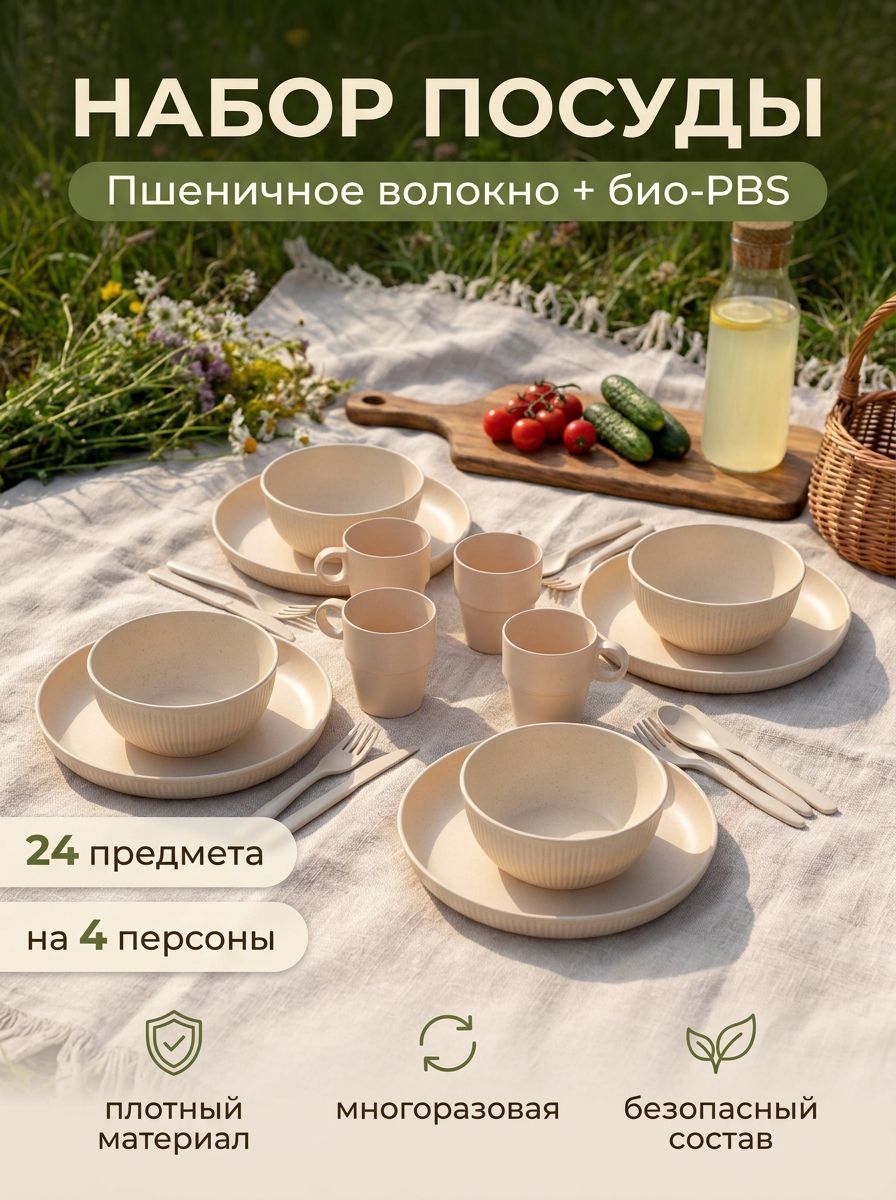Набор тарелок и мисок для пикника, на шашлыки, для туризма, на 4 персоны, 24 предмета