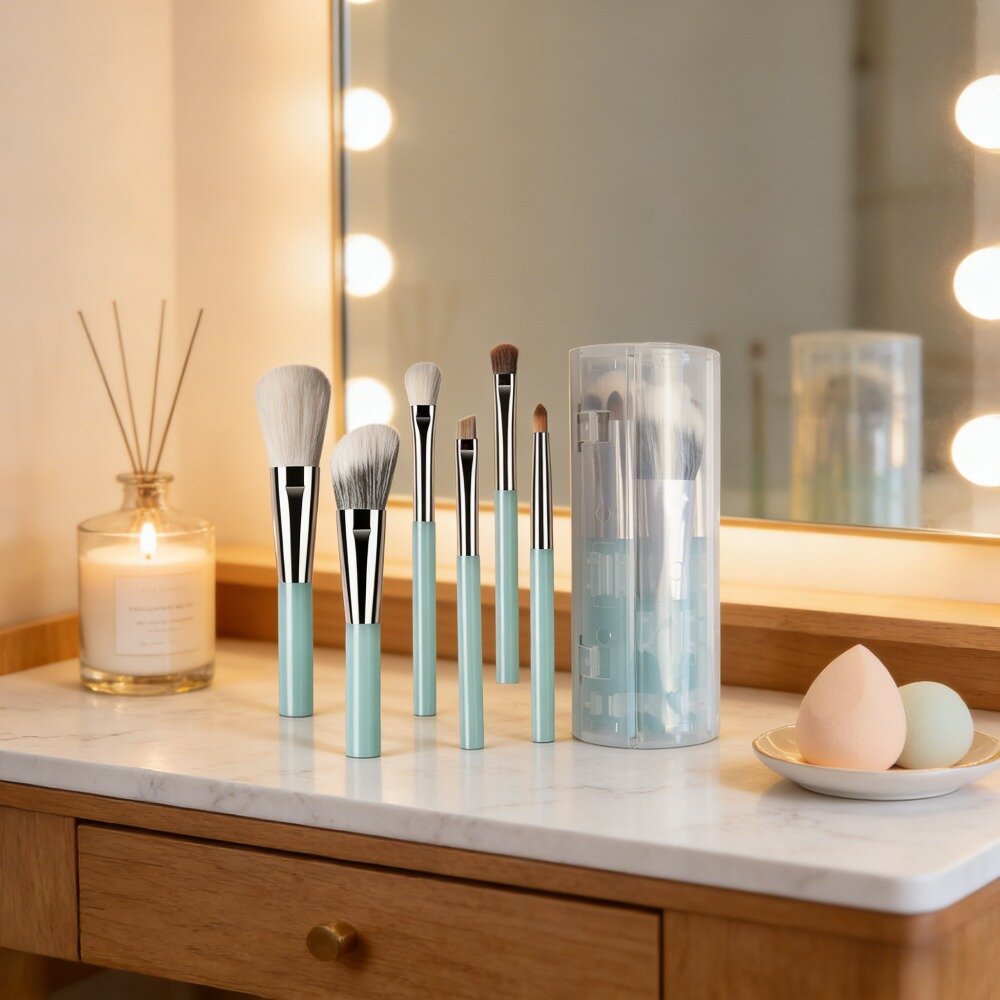 Улучшенный набор из 6 мини-кистей для макияжа: теней для век, бровей и румян, в удобной коробке, цвет синий