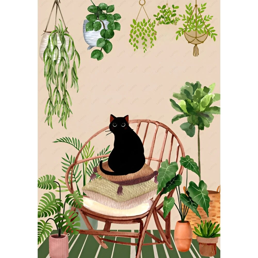 Картина Potdemiel "Зелёное растение и чёрная кошка" на холсте Черный, 6, 50x70cm