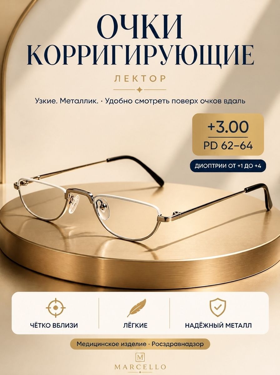Готовые очки для зрения, корригирующие, унисекс, Marcello GA0060 C2 с диоптрией +3 для чтения на плюс. Очки лекторы.