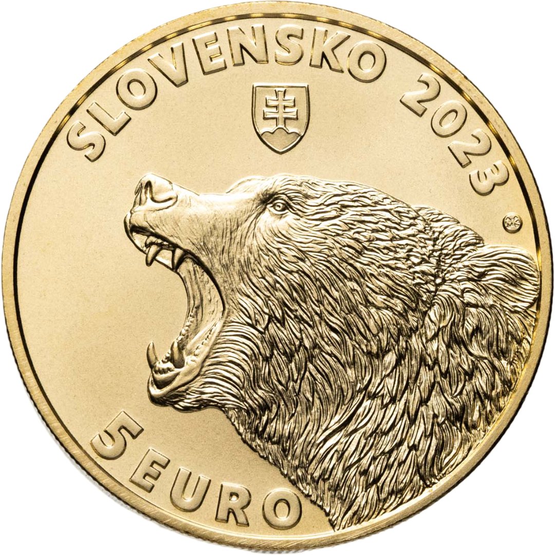 Словакия 5 евро 2023 Бурый медведь, Латунь, в сохранности UNC