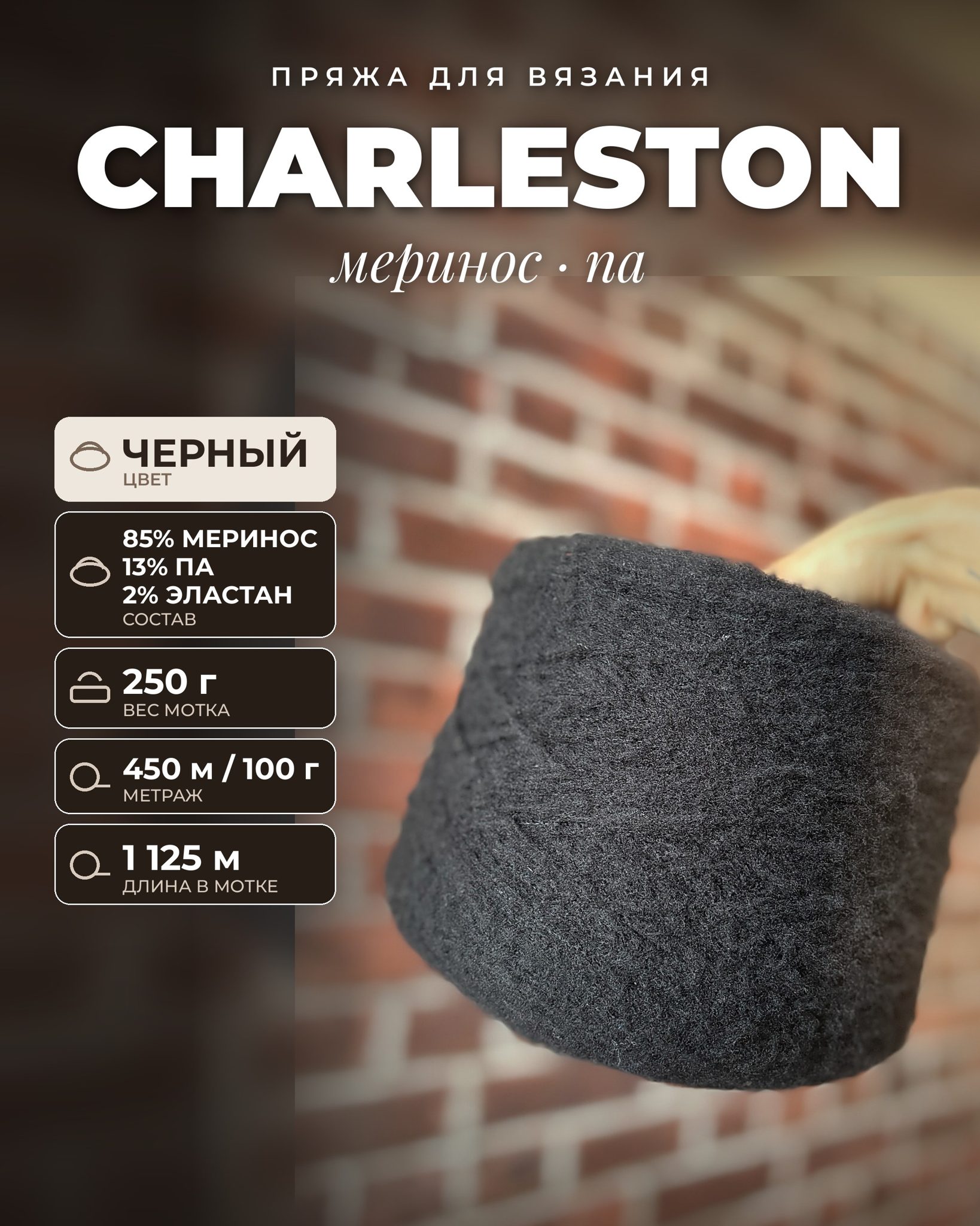 Пряжа для вязания Charleston итальянская 250 г, 85% меринос 13% па 2% эластан, метраж 450м/100 гр