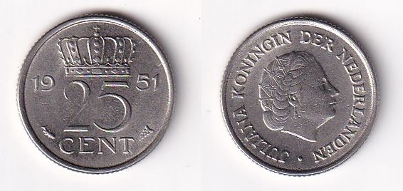 Нидерланды 25 центов 1951 год