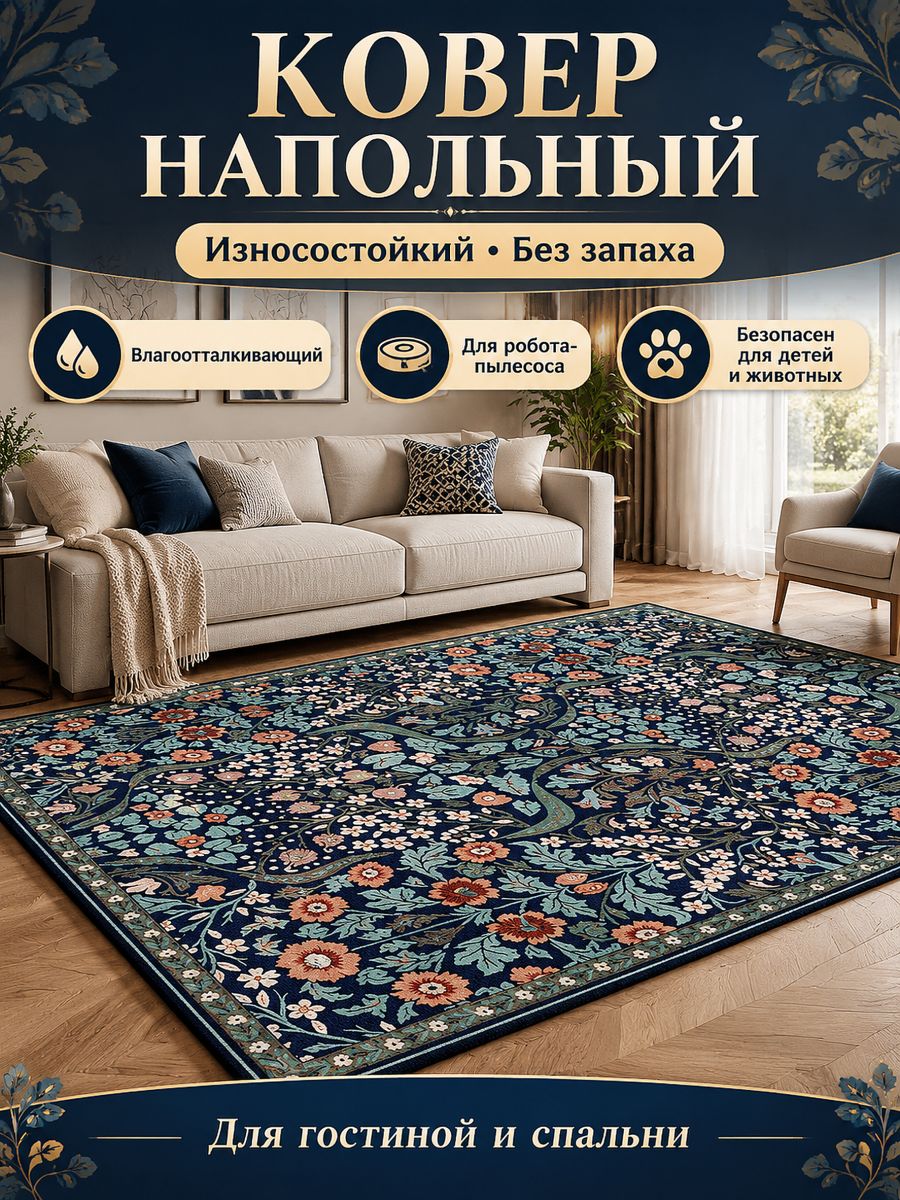 Ковер прямоугольный для гостиной и спальни, 152x213 см, темно-синий с цветочным узором, полиэстер, машинная стирка