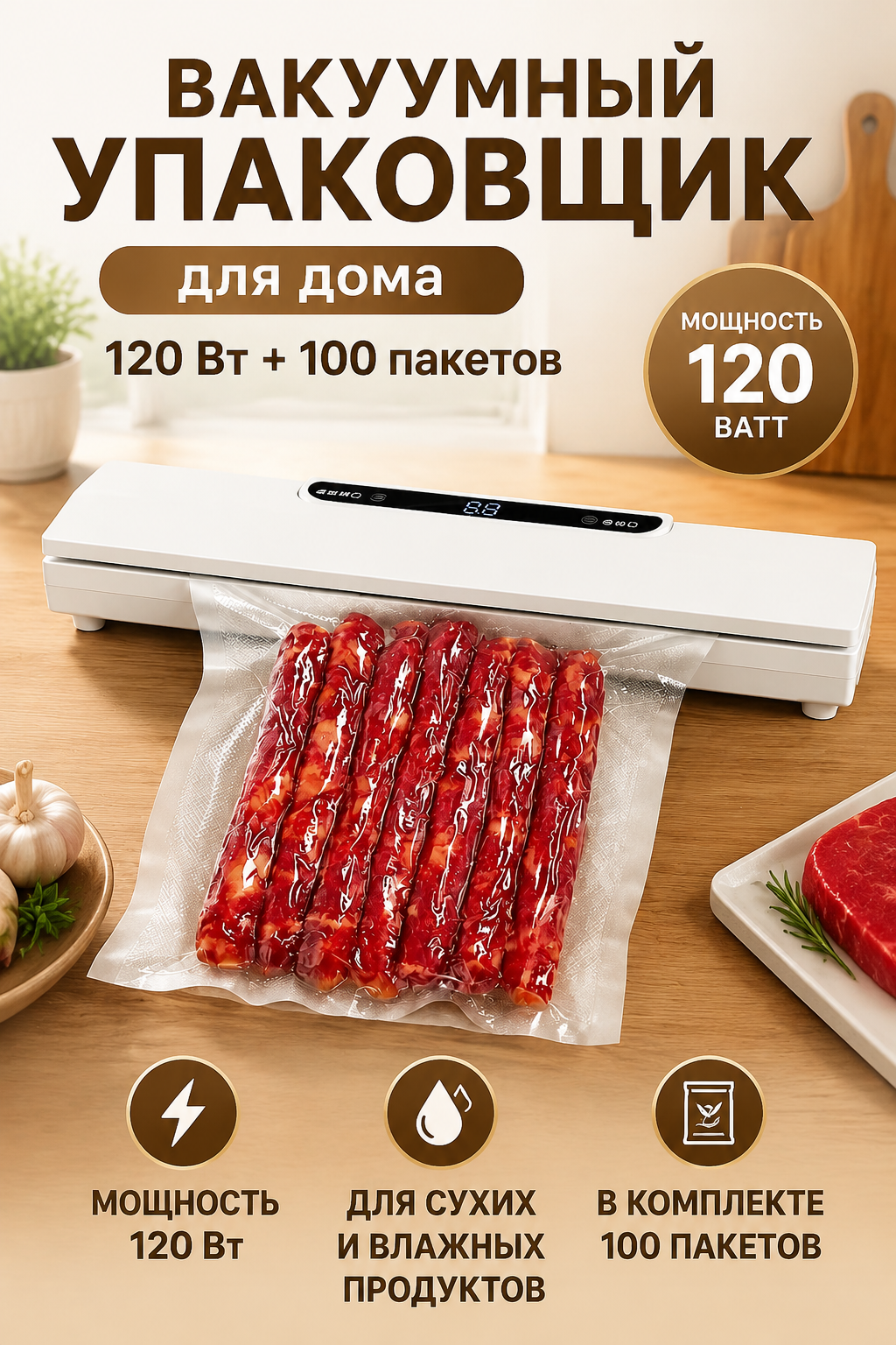 Вакуумный упаковщик 120 Вт, белый, для сухих и влажных продуктов, с 100 пакетами