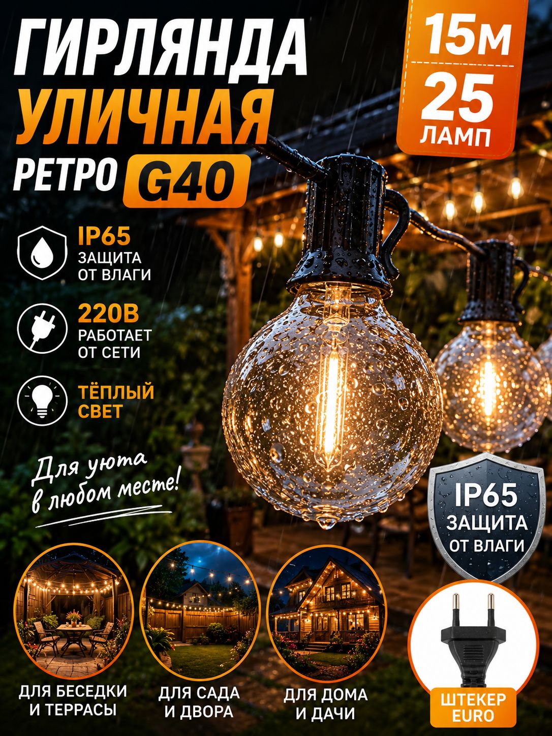 Электрогирлянда уличная Ретро светодиодная 25 ламп, 15 м, питание от сети 220в, 1 шт