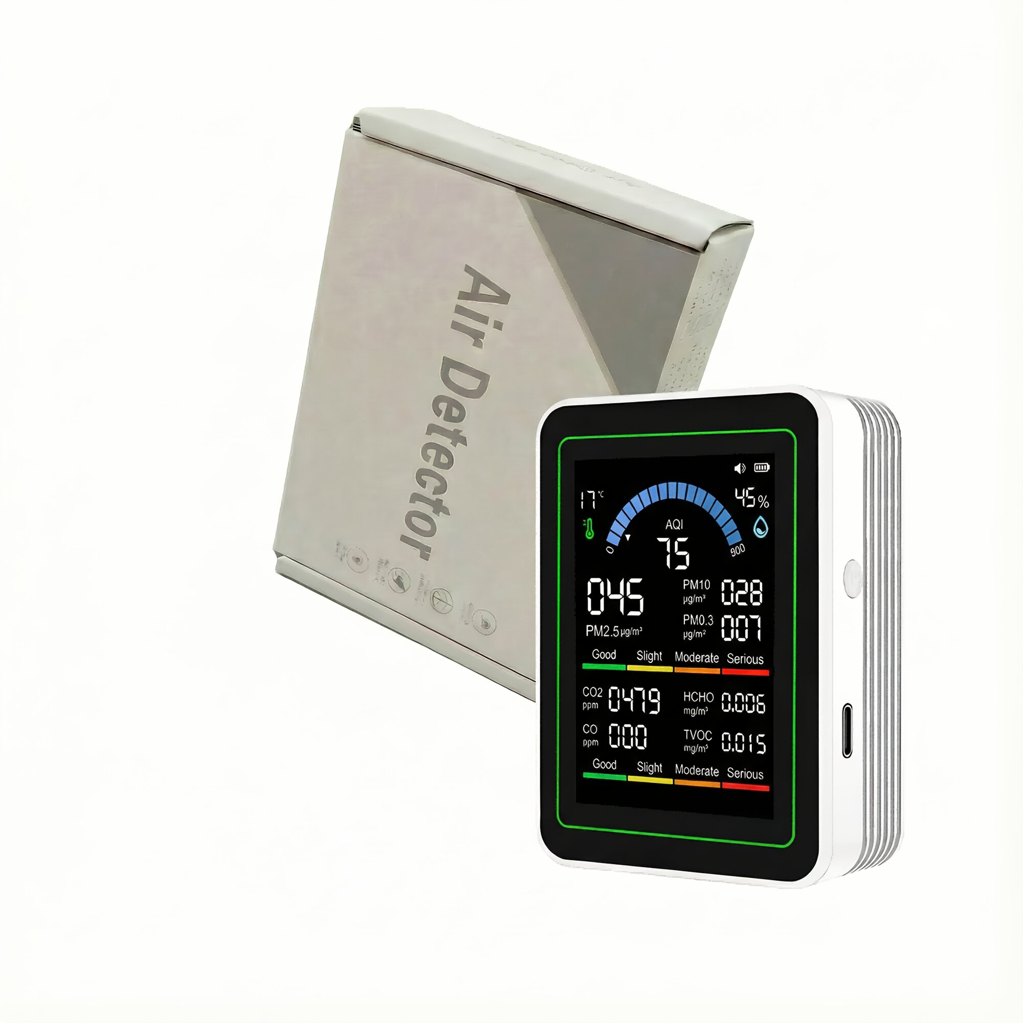 Портативный монитор качества воздуха 10 в 1 с измерением AQI, PM2.5/PM10/PM0.3, CO2, CO, TVOC, HCHO, температуры и влажности, питание от USB, для дома, офиса и автомобиля, белый