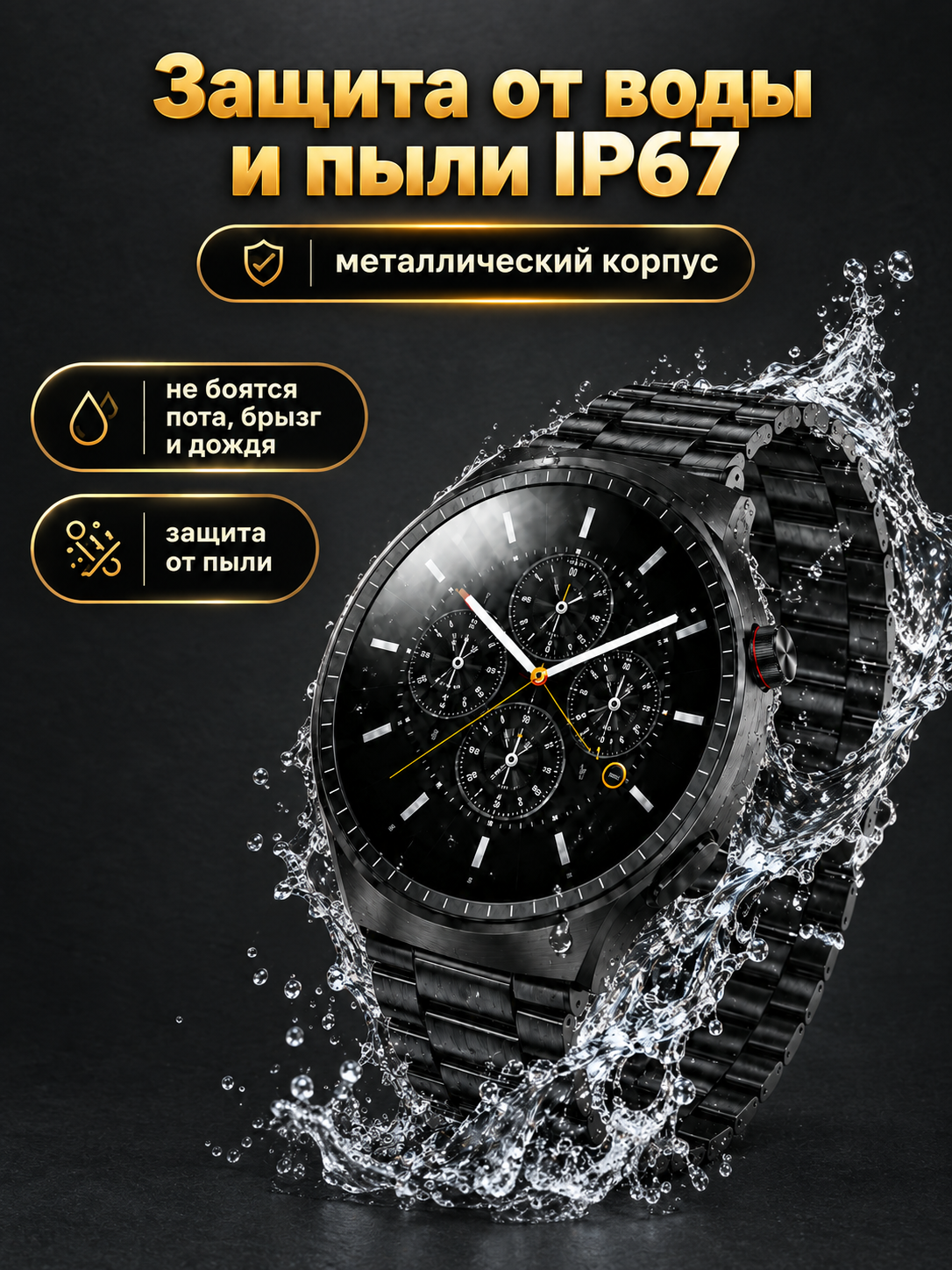 Смарт часы мужские наручные умные часы Smart Watch круглые с AMOLED экраном, черные, 3 ремешка в комплекте — фото 1