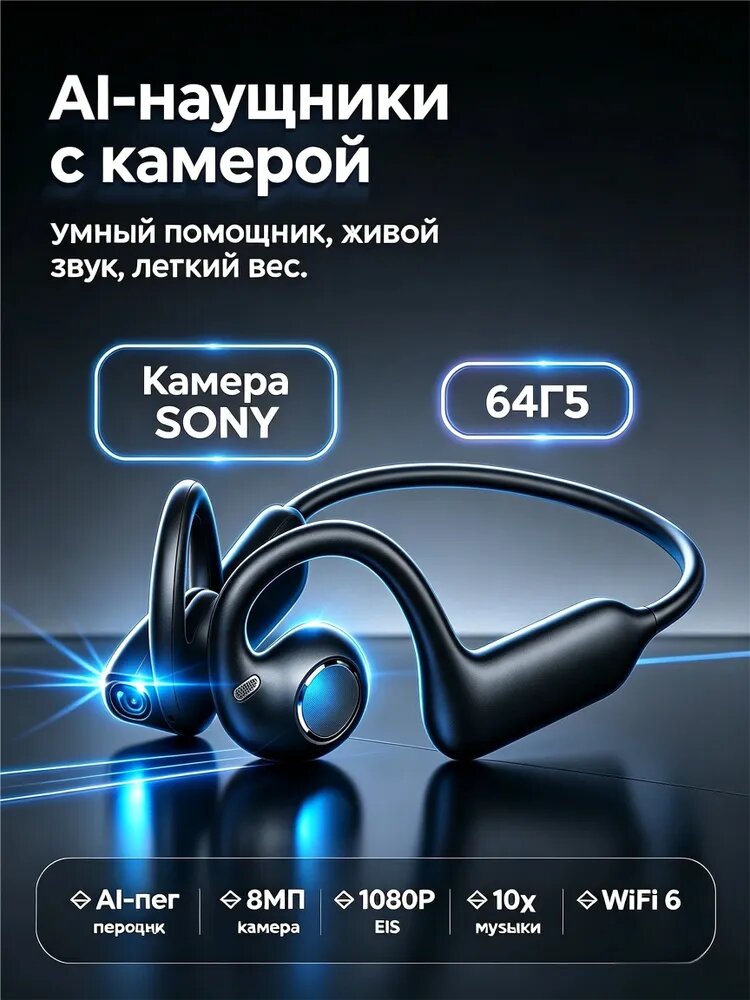 Наушники беспроводные с микрофоном AI наушники с камерой SONY 8МП, умный помощник, переводчик, EIS 1080P, диктофон,10ч музыки, WiFi 6 (64GB), Bluetooth, USB, черный