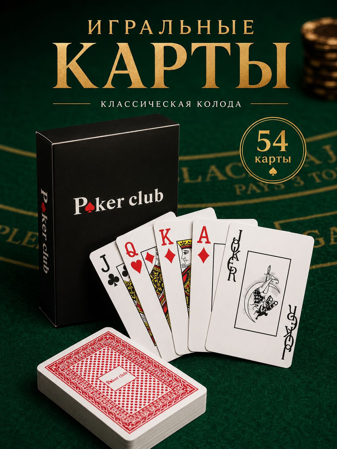 Карты для покера / Карты игральные пластиковые, классические, 54 шт