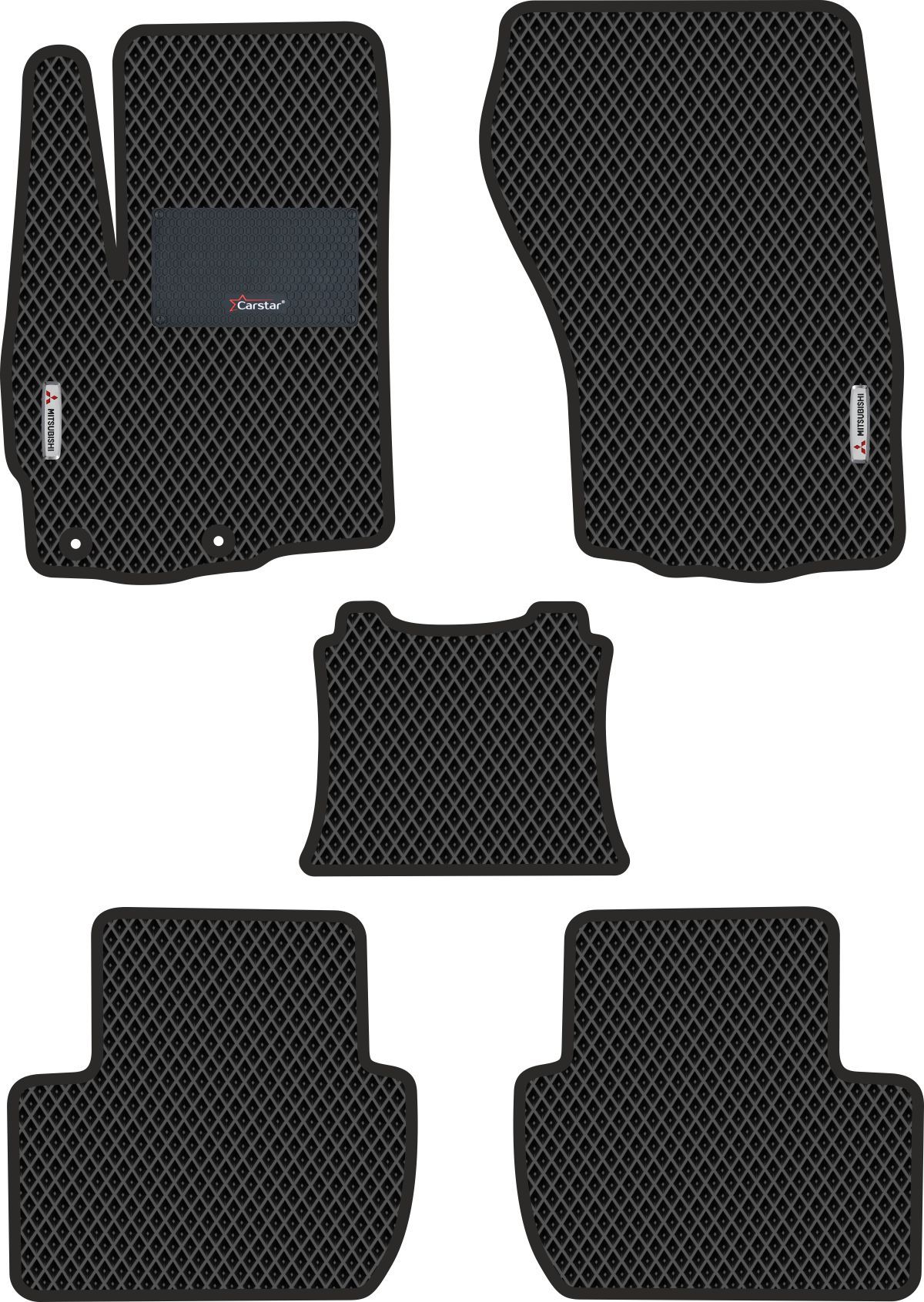 Автомобильные коврики EVA для Mitsubishi Outlander II XL (2005-2012), с каучуковым подпятником и 2 эмблемами Mitsubishi, чёрные с чёрным кантом, ячейка - ромб