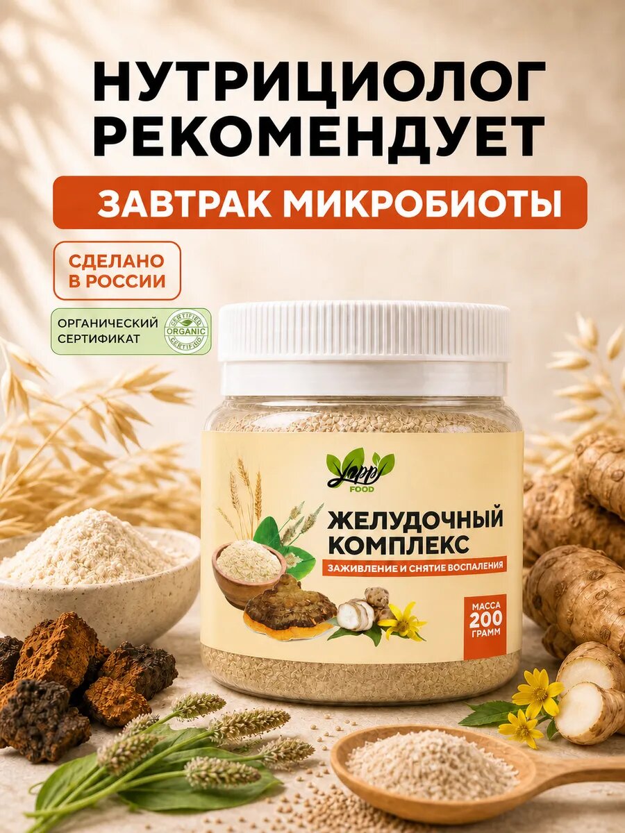 Завтрак для микробиоты, клетчатка, для желудка и кишечника, чага + псиллиум + топинамбур, 200г