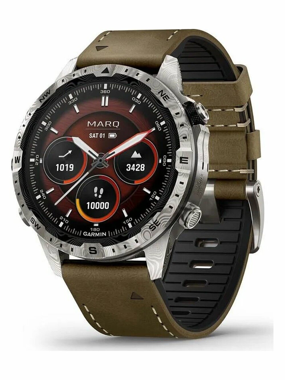 Умные часы Garmin MARQ Adventurer Gen 2, 46 мм, дамасская сталь, GPS, коричневый ремешок