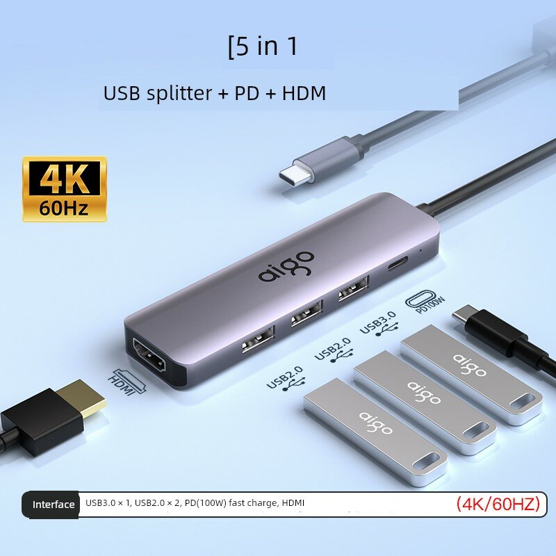 5-в-1 USB-C хаб с 1 портом USB 3.0, 2 портами USB 2.0, PD 100Вт, HDMI 4K/60Гц, компактный для мобильных устройств