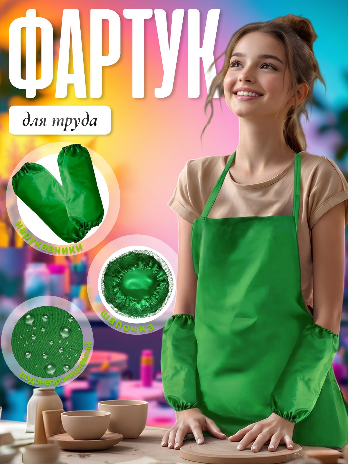 Фартук с нарукавниками и шапочкой для рисования и труда, передник для творчества и изо для мальчика и девочки, 74х52 см, зеленый, AХLER