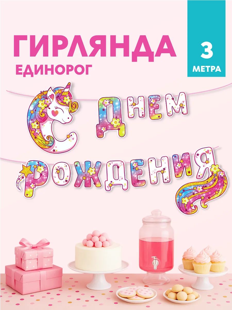 Растяжка с днем рождения Единорог. Гирлянда интерьерная, надпись на стену. Товары для праздника. Фотозона с днем рождения. Длина 300 см.