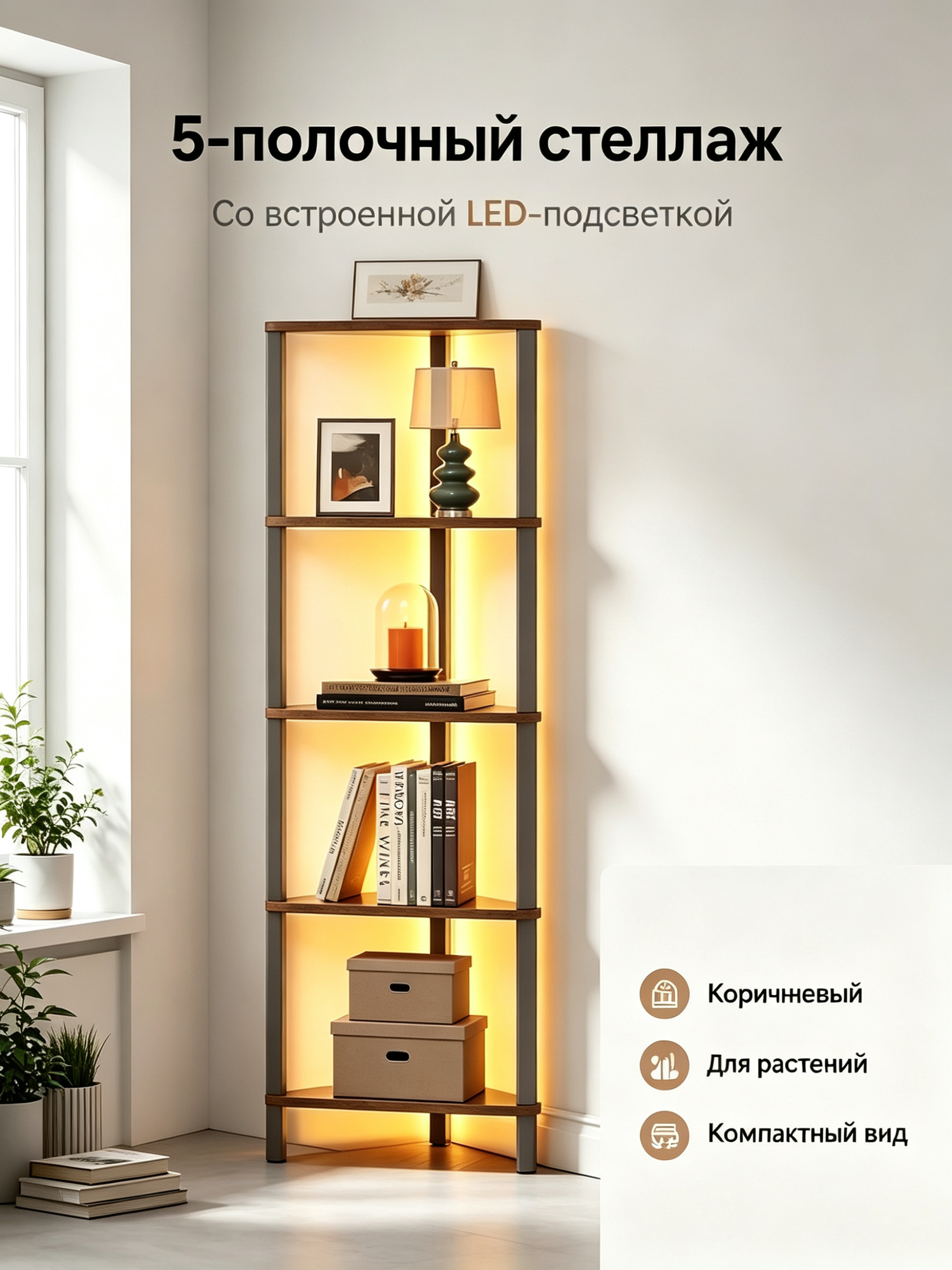 Коричневый угловой стеллаж на 5 ярусов с регулируемой LED-подсветкой, 40×26×120 см