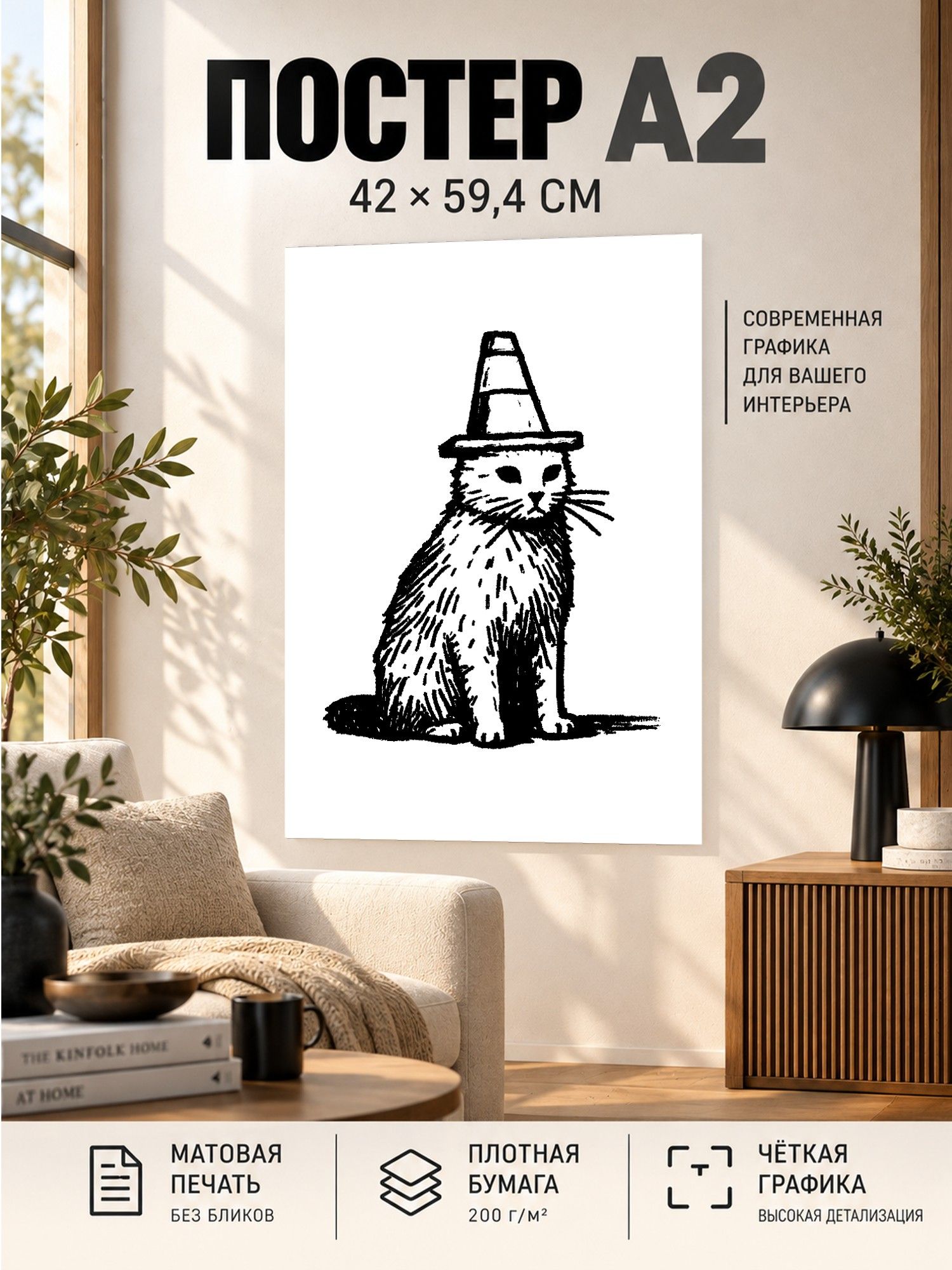 Постер Кот в конусе вместо шляпы , ироничная гравюра, А2 (42 59 см)