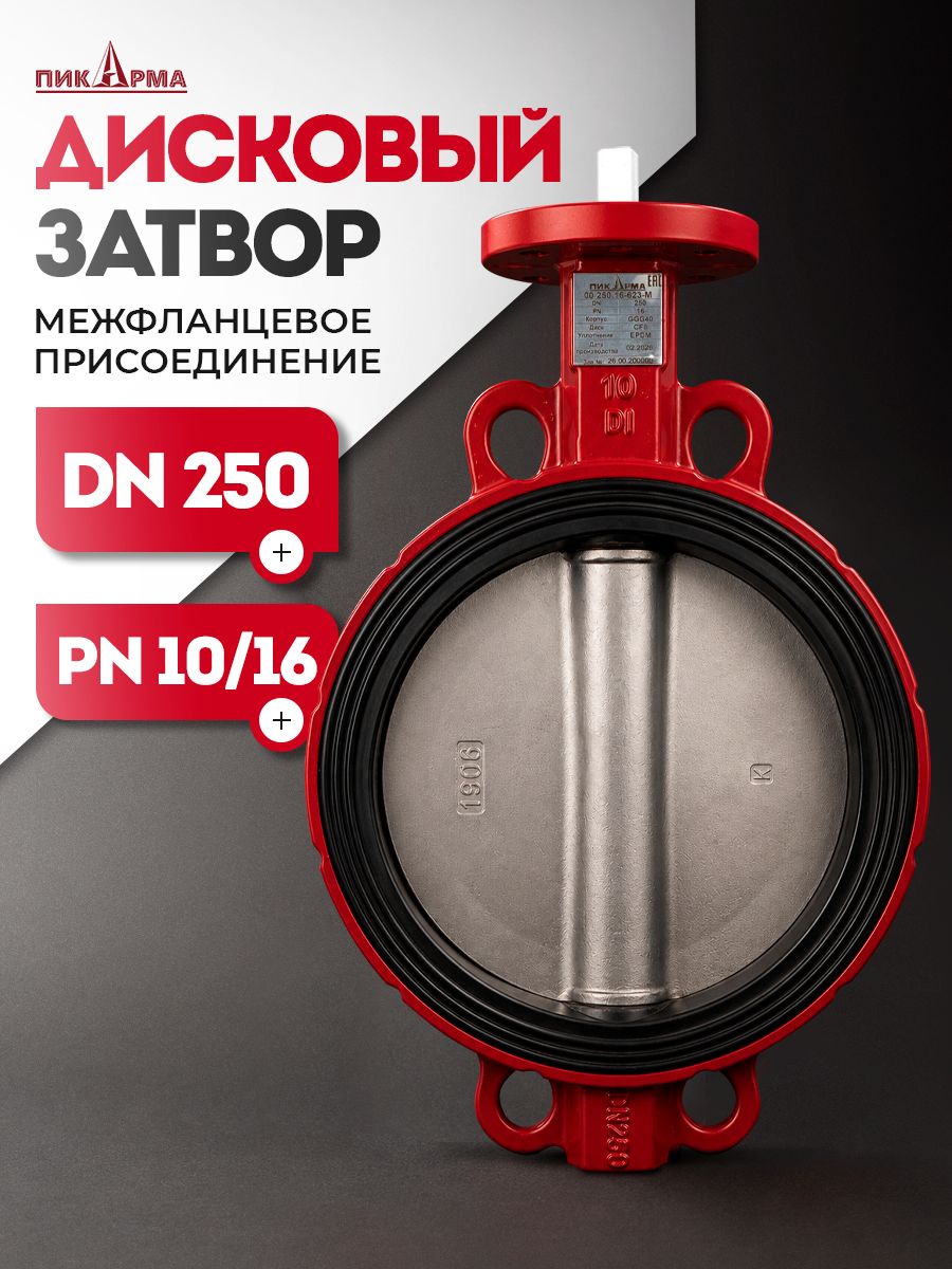 Затвор дисковый Пик Арма DN250, PN 10/16, корпус - чугун GGG40, диск - нержавеющая сталь CF8, уплотнение - EPDM
