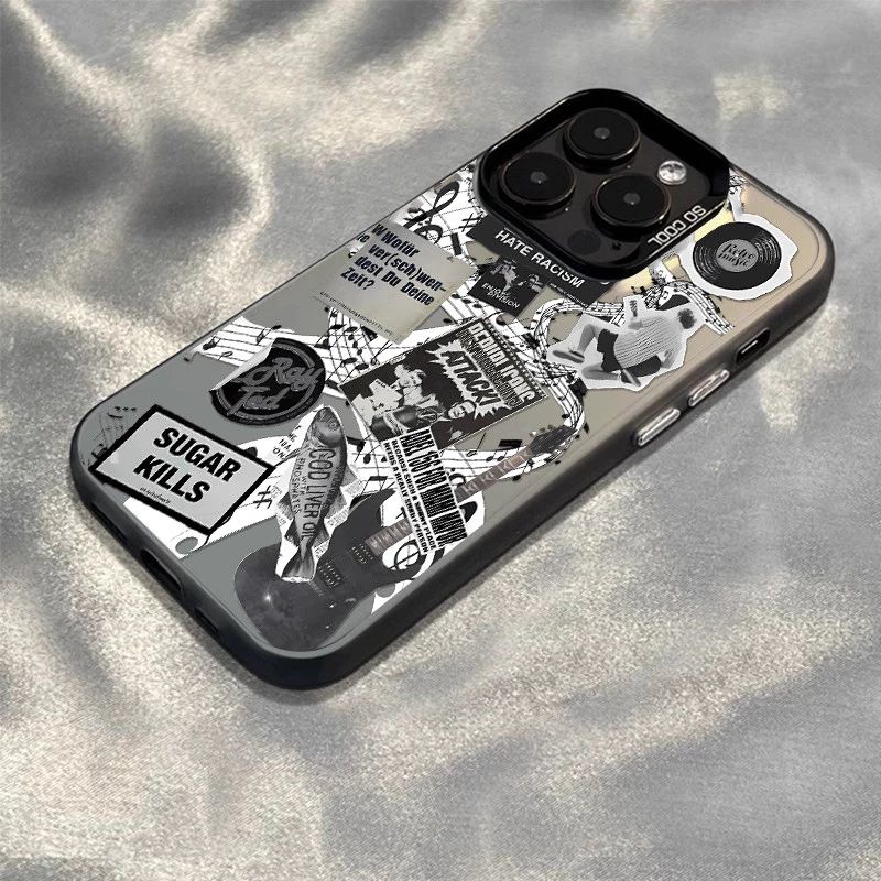 Чехол на Айфон 15 / iPhone 15 черный с Полный принт коллажа рока