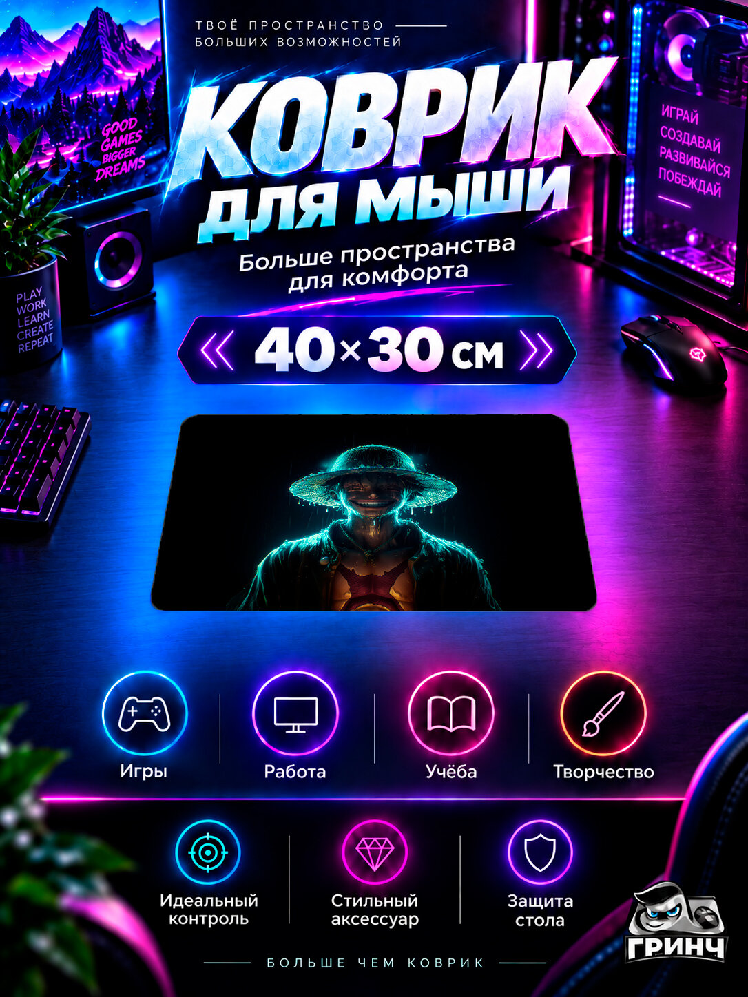 Игровой коврик для мыши 40×30 см — One Piece / Ван-Пис — Mugiwara Luffy Pirate King