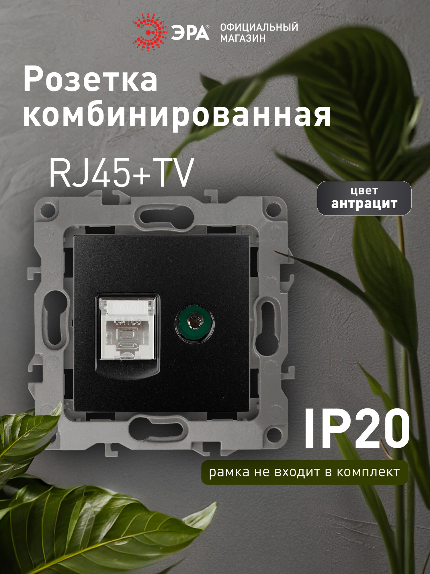 Розетка двойная для ТВ и интернета RJ45 ЭРА 12 3110-05 скрытой установки, черный
