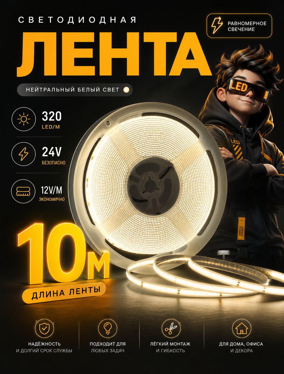 COB Светодиодная лента 10 метров 24V нейтральный белый свет 4000K (320 LED/м), ксеня