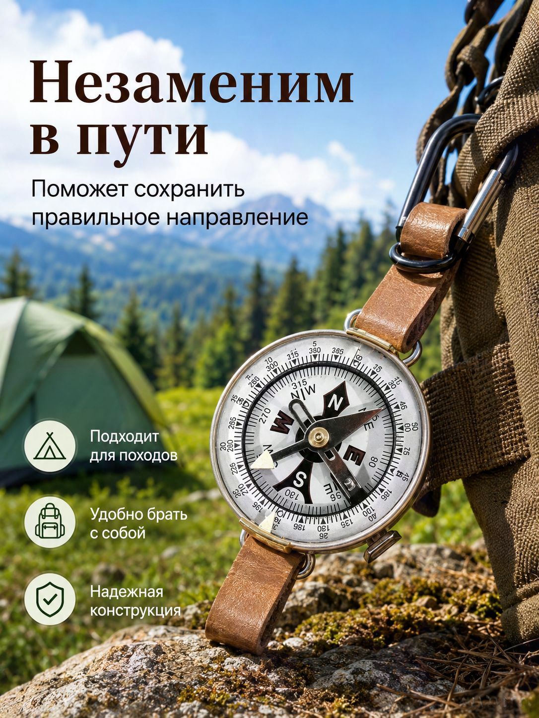 Наручный компас "Армейский" Адрианова, металлический, кожаный, с азимутальной шкалой