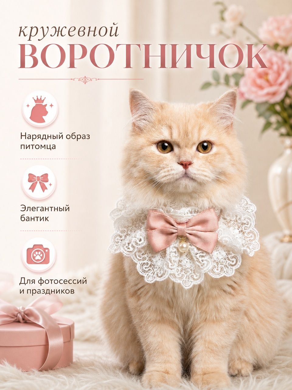 Кружевной воротник с бантом для собак и кошек, S, розовый