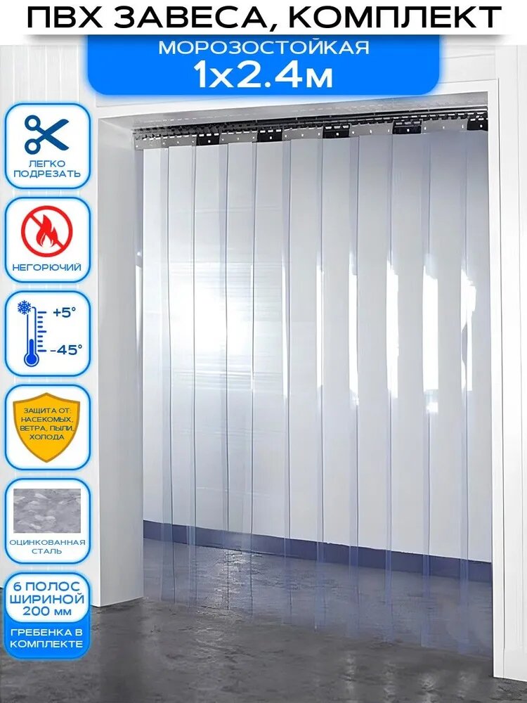 Завеса ПВХ готовый комплект, морозостойкая прозрачная. Ширина 1 м Высота 2.4 м