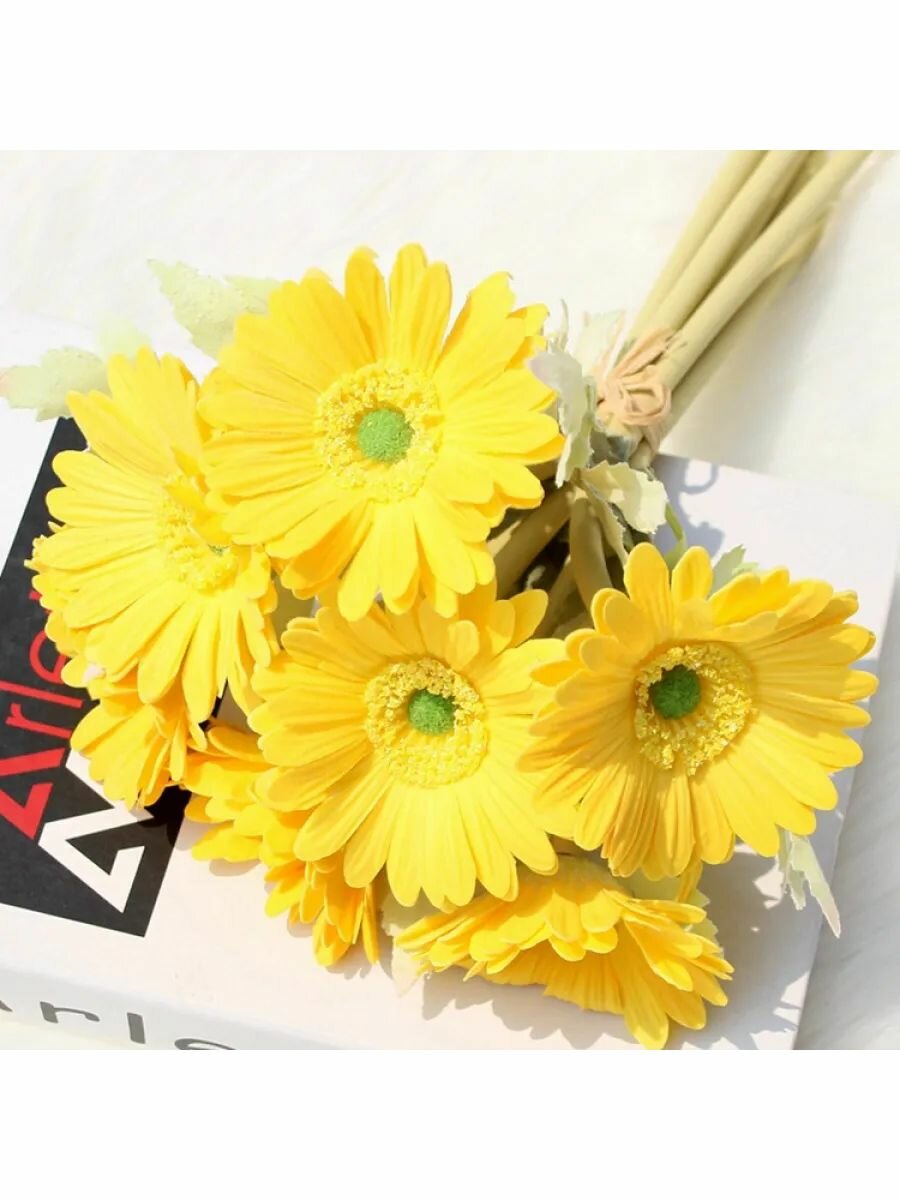 Цветы искусственные для декора флористов премиум Гербера из силикона букет 7 веток 32 см желтая