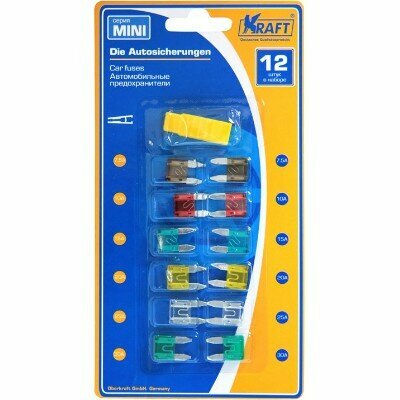 Набор предохранителей KRAFT KT 870008 7, 5a, 10a, 15a, 20a, 25a, 30a по 2 шт, серия Mini с пинцетом, в блистере 12 шт