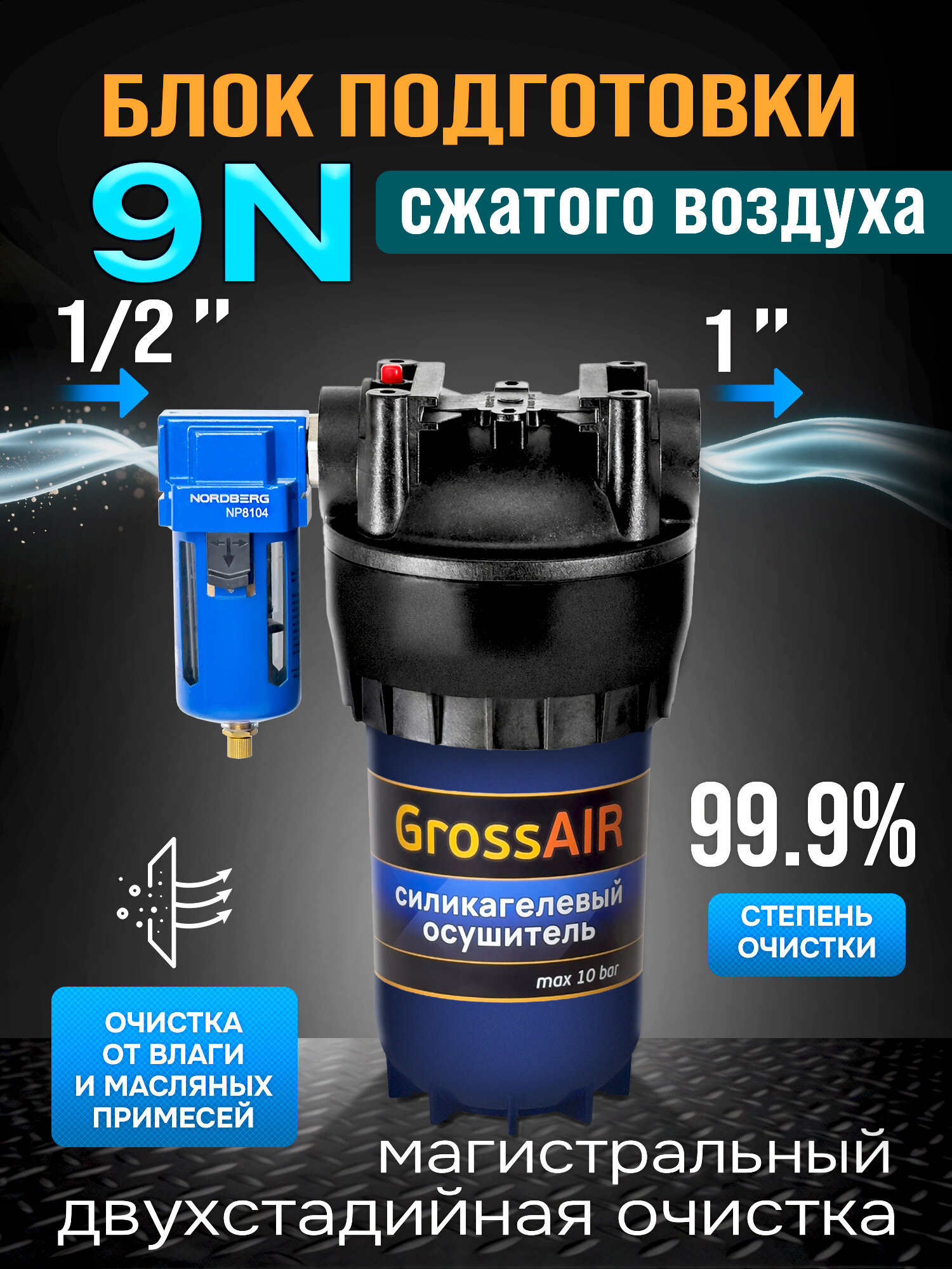 Фильтр-группа осушитель GrossAIR 9N (вход 1/2", выход 1") магистральный блок подготовки сжатого воздуха