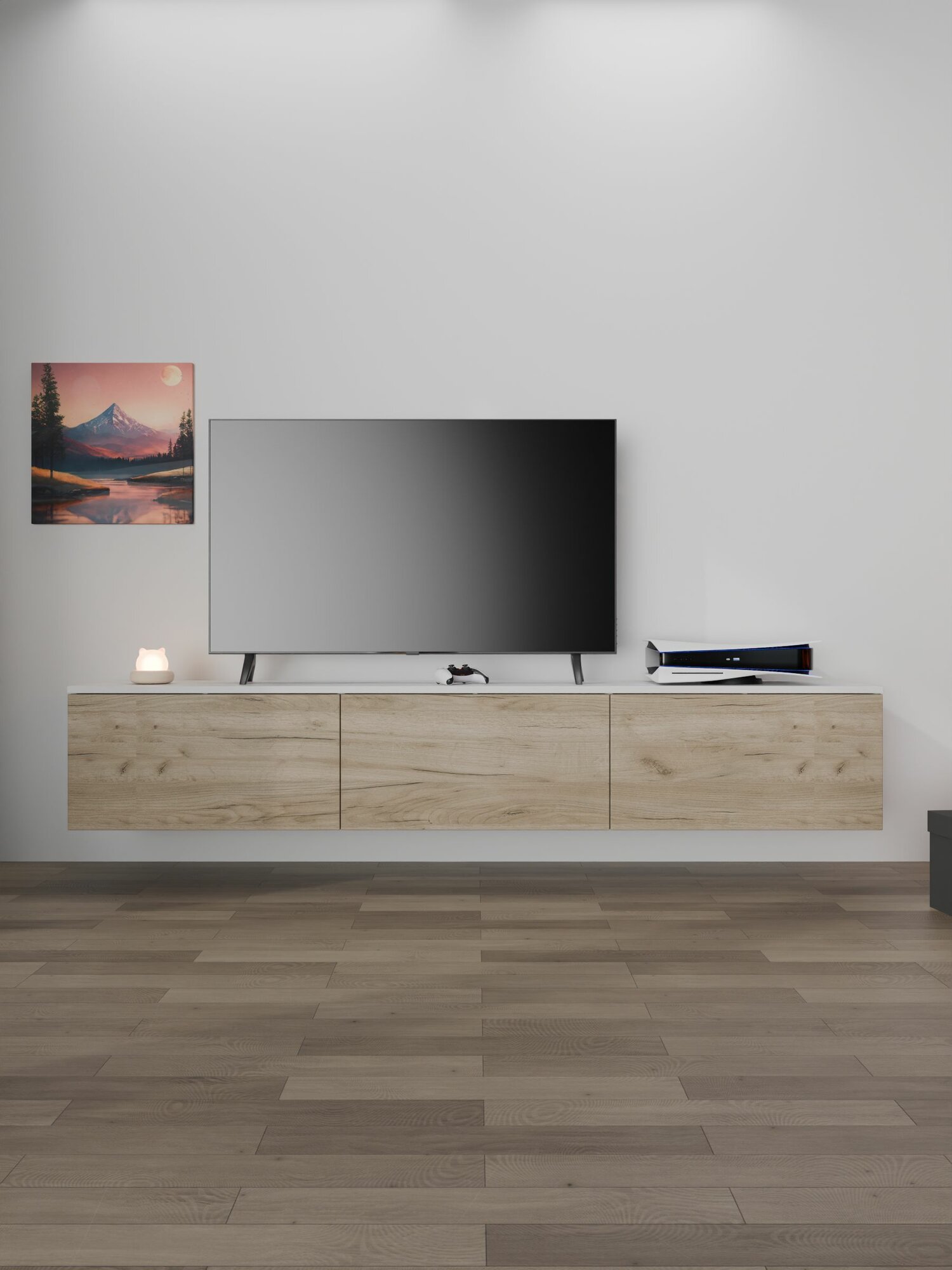 Изумлит Тумба под телевизор подвесная настенная Эра 180х32х35 см, белый-дуб крафт серый