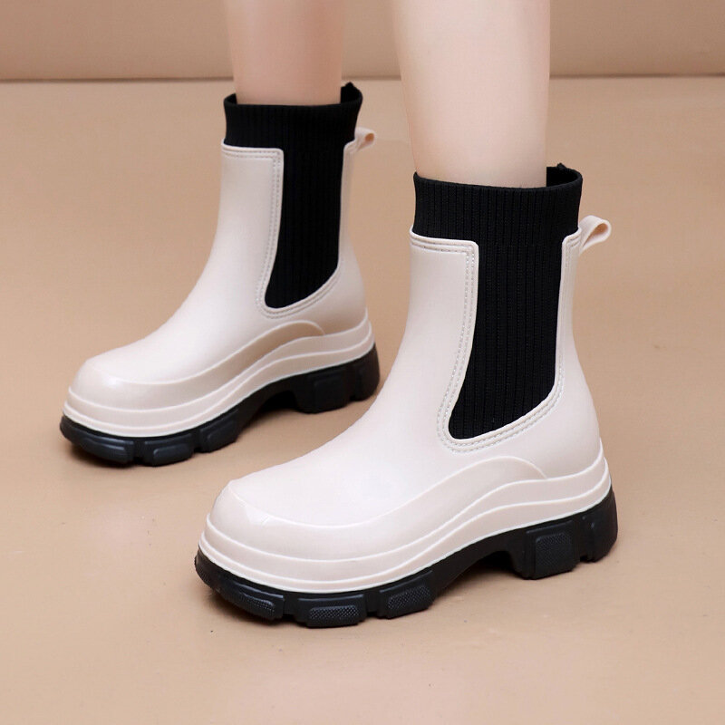 Новые женские резиновые сапоги, резиновые сапоги Martin, водонепроницаемые резиновые сапоги на толстой подошве из трикотажной ткани Flyknit, рабочая обувь для активного отдыха, галоши. Размер обуви. EU:36