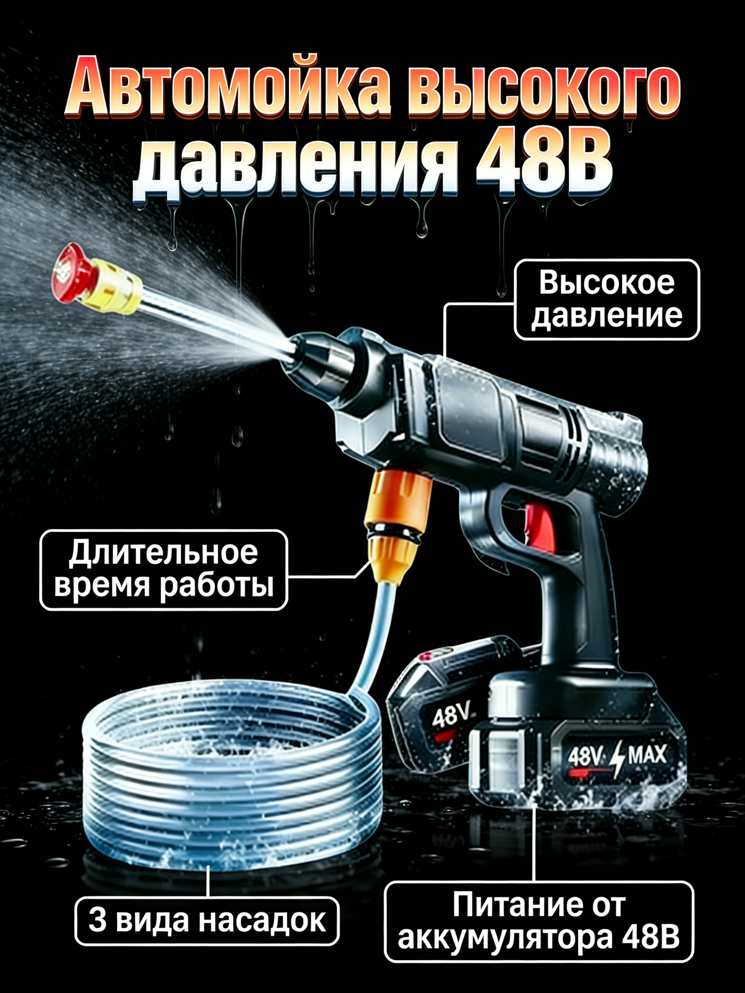 Аккумуляторная автомойка высокого давления с кейсом 2 аккумулятора. Минимойка